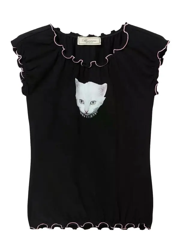 Blumarine Cat-print Ruffled T-shirt - Black