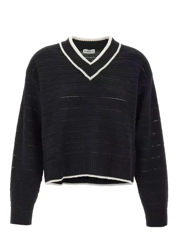 Marella Ribbed V-neck Wool Sweater - Black