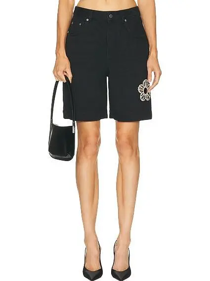 AREA Crystal Flower Bermuda Jean Short - Black