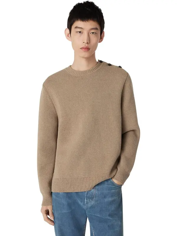 Bottega Veneta Compact Wool Sweater With Intrecciato Leather Buttons - Sparrow