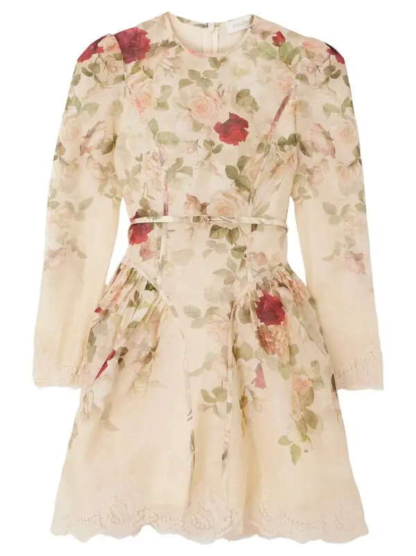 Zimmermann Lace-trimmed Floral-print Mini Dress - Cream