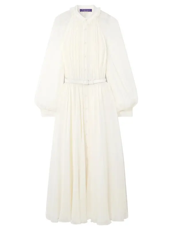 Ralph Lauren Grantly Belted Pleated Silk-crepon Midi Dress - Cream