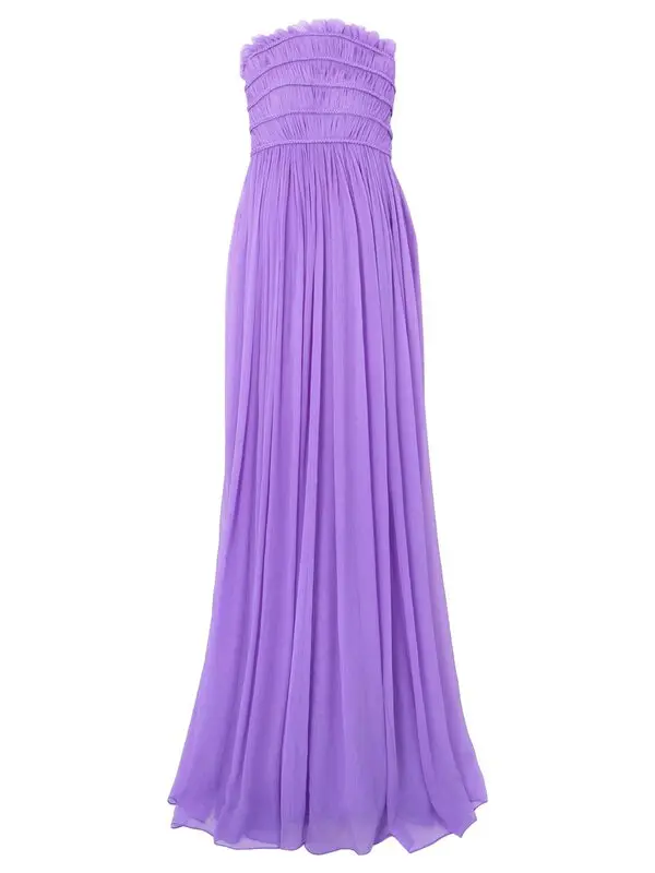 Oscar De La Renta Strapless Ruched Pleated Silk-crepon Gown - Purple