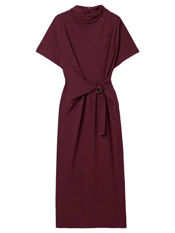Brunello Cucinelli Belted Draped Jersey Midi Dress - Burgundy