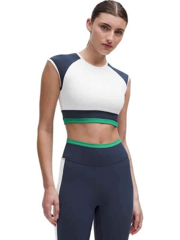 Lululemon Nulu Cropped Short-sleeve Shirt - White/club Blue/raceway Green