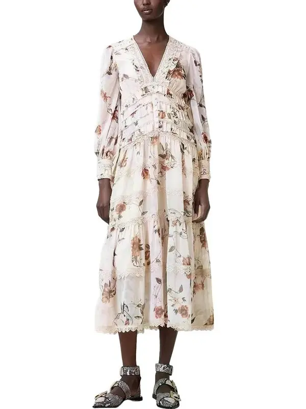 ALLSAINTS Zora Floral-print Lace-insert Midi Dress - Neutrals