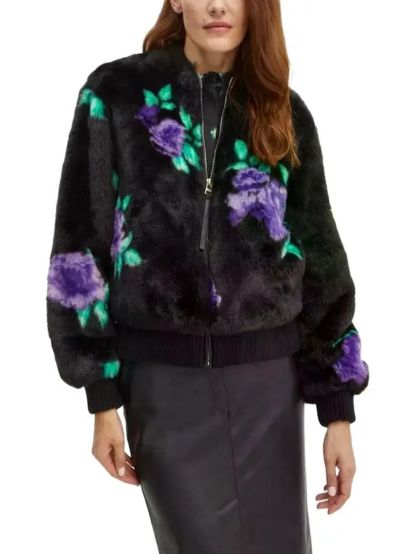 SILVIAN HEACH Floral-print Faux-fur Bomber Jacket - Black