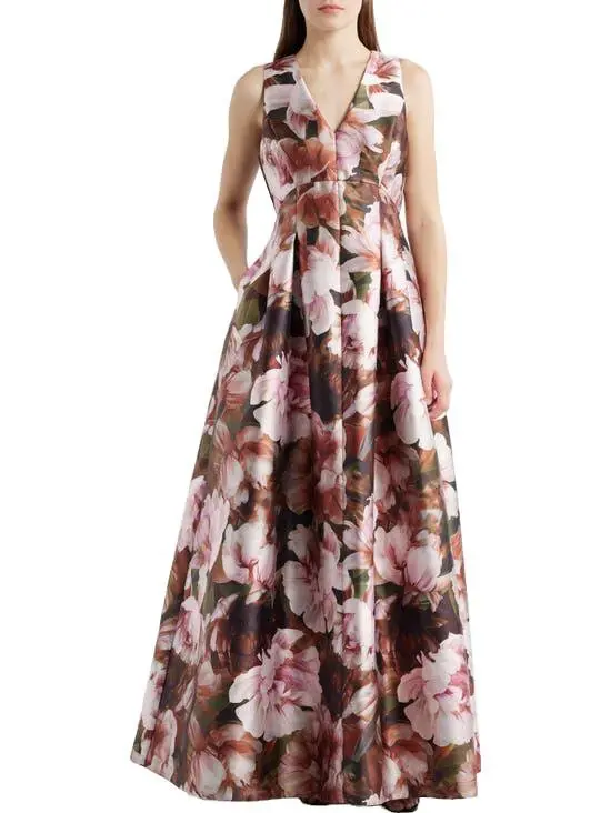 Julia Jordan Floral Box Pleat Sleeveless Ballgown - Pink Multi