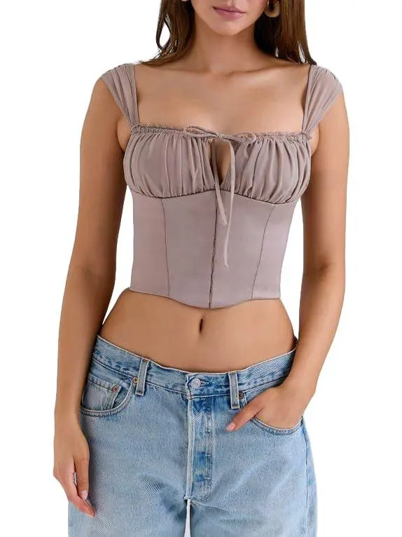 House Of Cb Anja Cap-sleeve Georgette Corset Top - Mocha