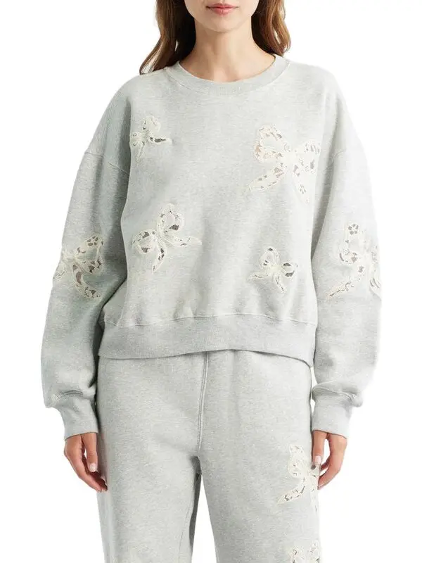 LoveShackFancy Linetta Lace Bow Inset Sweatshirt - Heather Grey