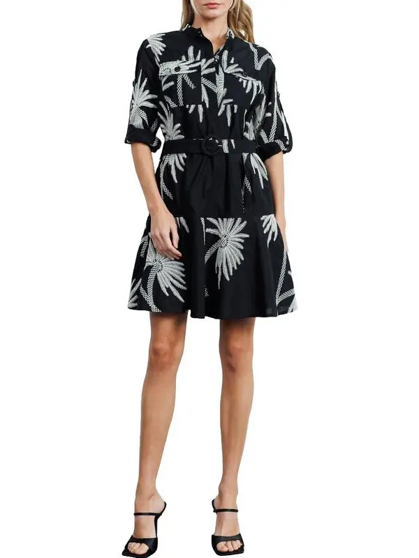 CIEBON Siobhan Embroidered Belted Shirt Dress - Black