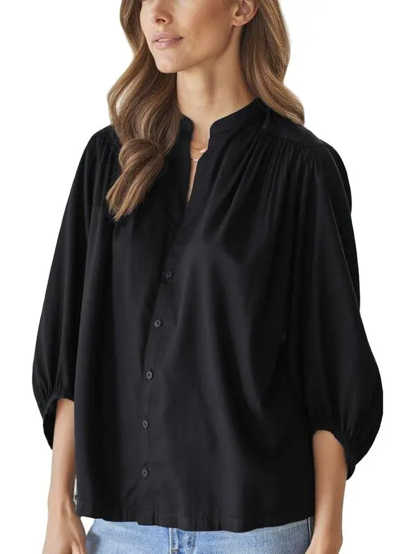OCEAN+MAIN Cotton Poplin Peasant Top - Black
