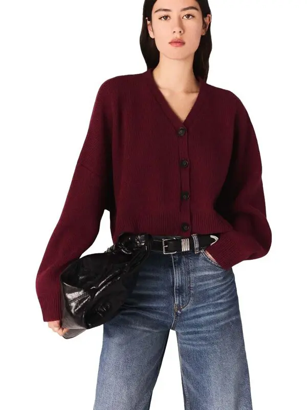 Maje Cropped Wool-blend Cardigan - Burgundy