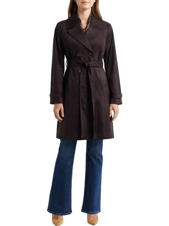 TAHARI ASL Faux Suede Trench Coat - Espresso