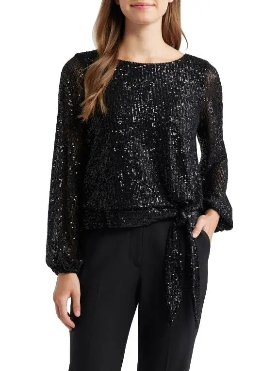 TAHARI ASL Sequin Tie-hem Top - Black