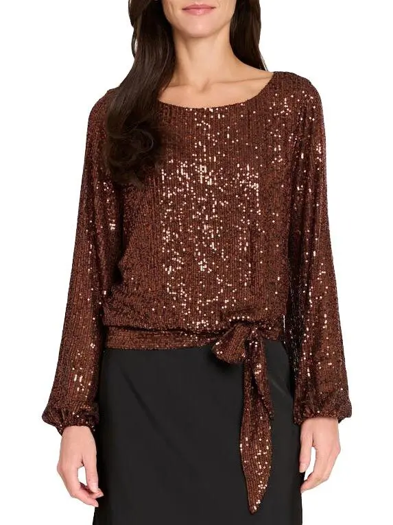TAHARI ASL Sequin Tie-hem Top - Chocolate