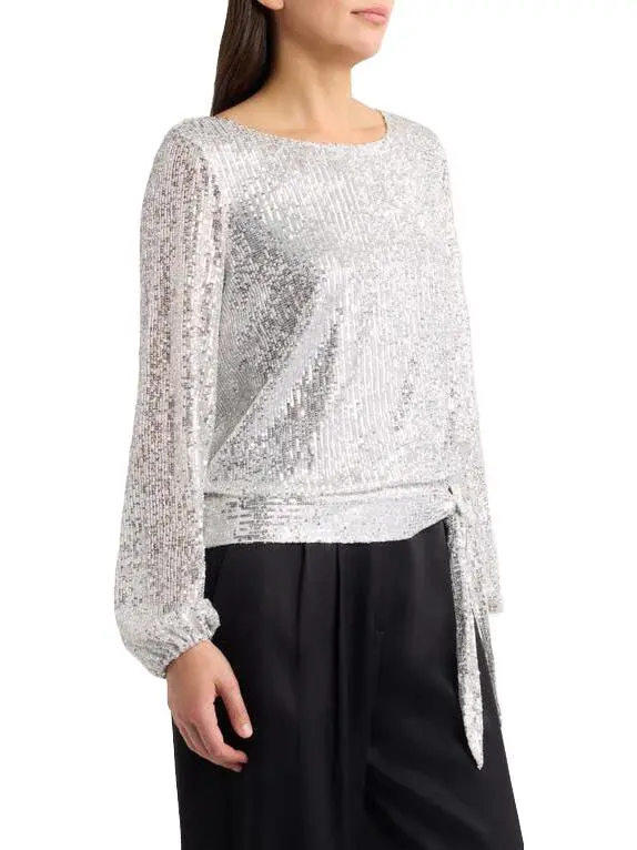 TAHARI ASL Sequin Tie-hem Top - Silver