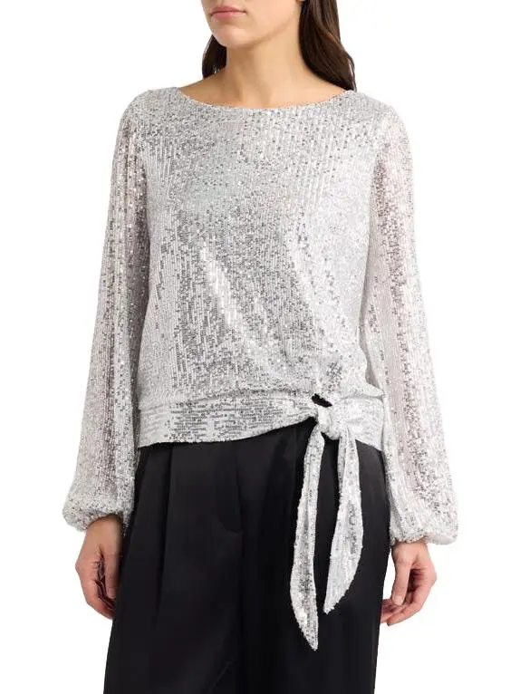 TAHARI ASL Sequin Tie-hem Top - Silver