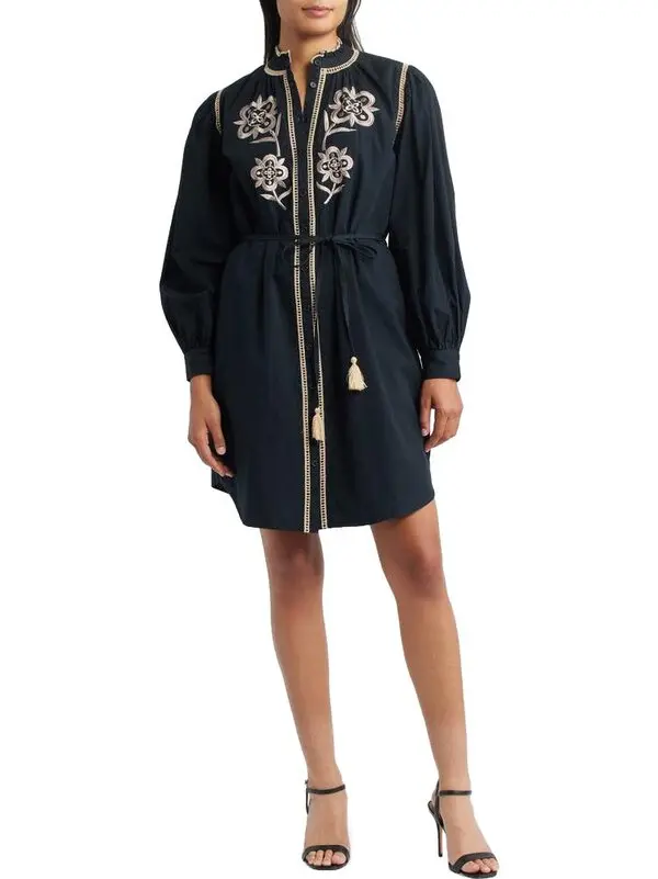 Julia Jordan Embroidered Shirtdress With Tassel Tie - Black/ivory