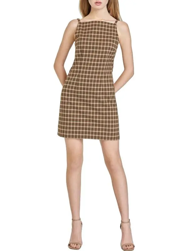 WAYF Hallie Plaid Sheath Mini Dress - Brown Plaid