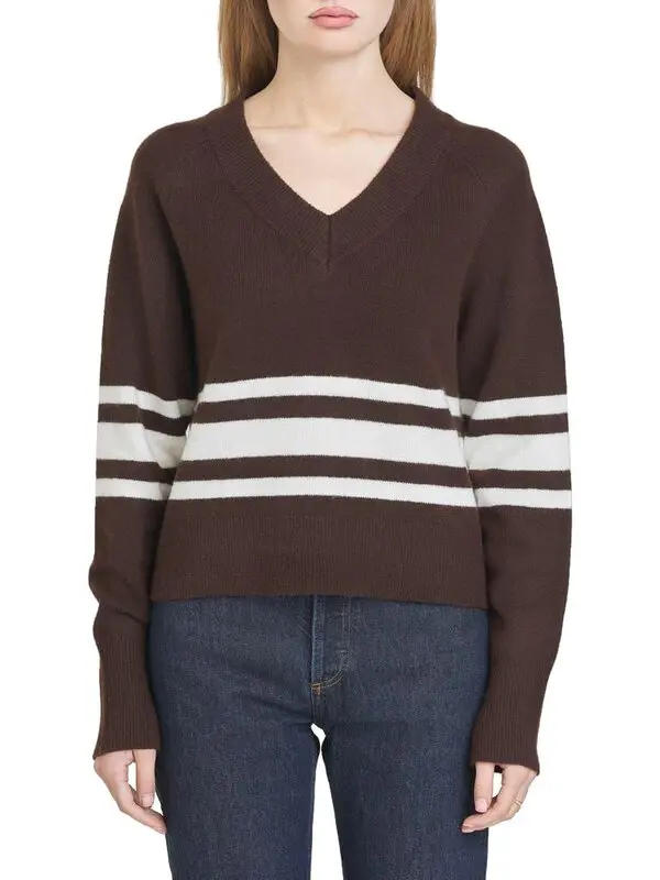 WAYF Stripe V-neck Sweater - Espresso