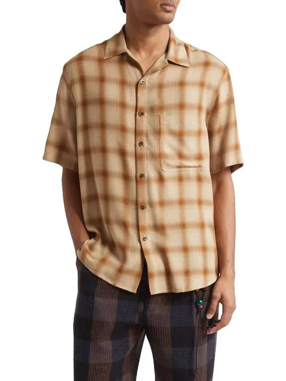 SONG FOR THE MUTE Oversize Plaid Short Sleeve Button-up Shirt - Camel