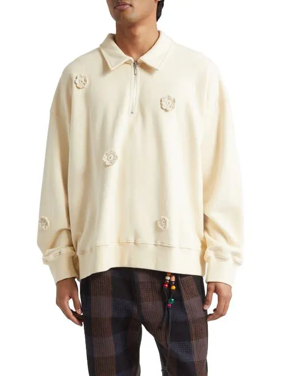 SONG FOR THE MUTE Daisy Appliqué Quarter Zip Sweatshirt - Ivory