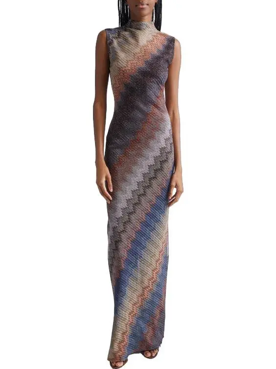 Missoni Metallic Zigzag Stripe Knit Dress - Blue Tones On Dark Base
