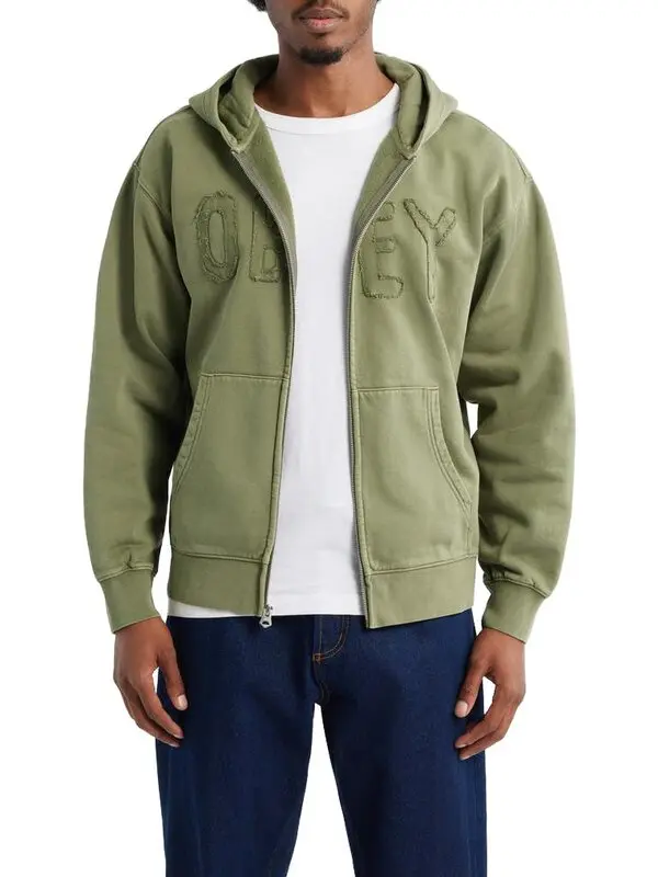 Obey Hybrid Faded Cotton French Terry Zip Hoodie - Deep Lichen Green Faded Wash