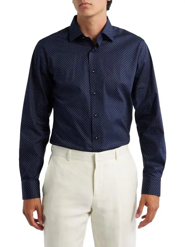 Lorenzo Uomo Trim Fit Neat Stretch Cotton Dress Shirt - Navy