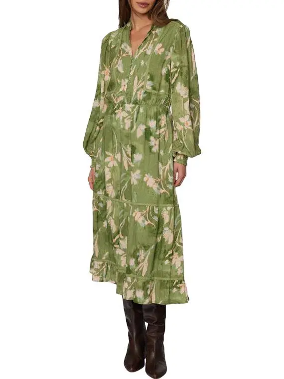 LOST + WANDER Long Sleeve Midi Shirt Dress - Green-floral