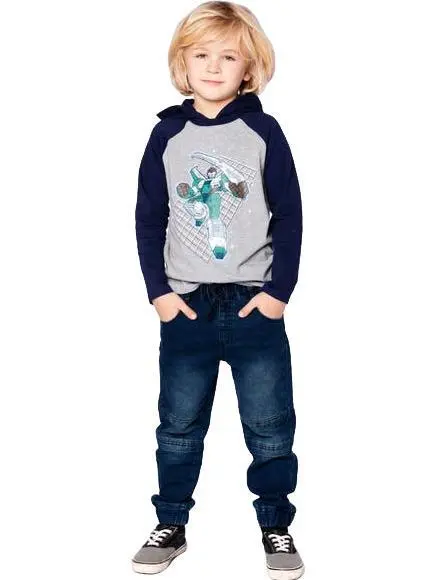 DEUX PAR DEUX Organic Cotton Jersey Hooded Raglan Sleeve Tee - Navy Blue