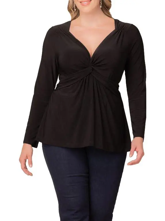 KIYONNA Long Sleeve Twist Front Top - Black Noir