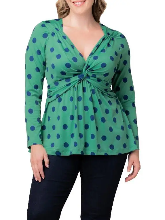 KIYONNA Long Sleeve Twist Front Top - Green Polka Dot