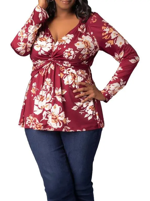 KIYONNA Long Sleeve Twist Front Top - Red Scattered Florals