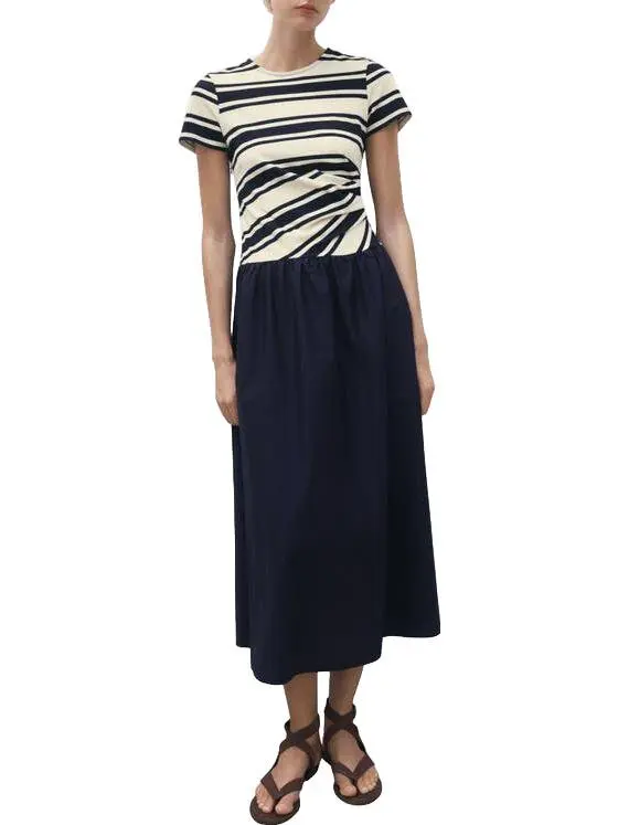 Mango Stripe Bodice Cotton Maxi Dress - Dark Navy