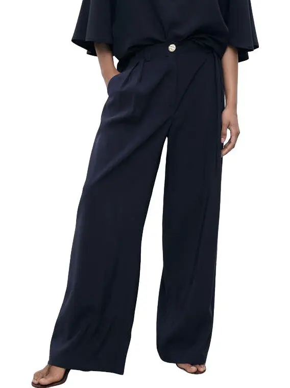 Mango Pleated Straight Leg Ankle Trousers - Navy