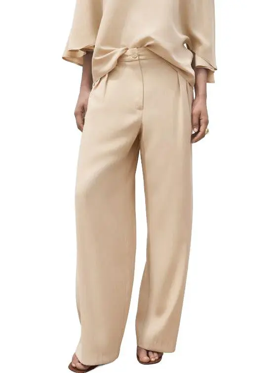 Mango Pleated Straight Leg Ankle Trousers - Sand