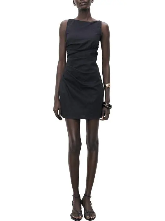 Mango Draped Linen And Cotton Mini Dress - Black