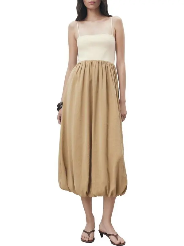 Mango Mixed Media Bubble Hem Midi Dress - Medium Brown