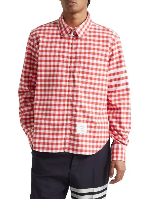 Thom Browne Gingham Cotton Zip Front Shirt Jacket - Red