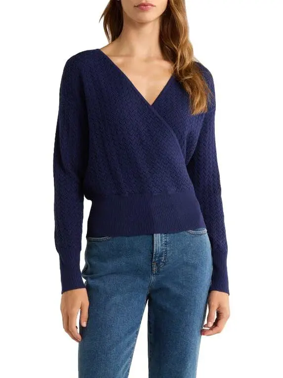 GIBSONLOOK Pointelle Cotton-blend Surplice Sweater - Evening Blue