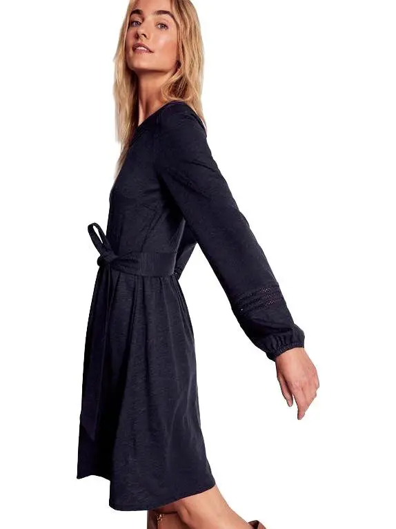 Boden Athina Embroidered Long Sleeve Cotton Blend Dress - Navy