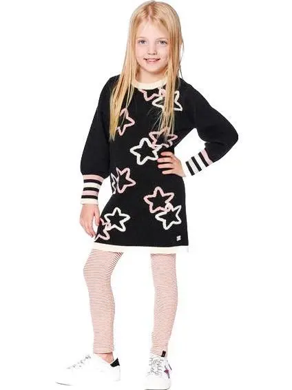 DEUX PAR DEUX Long Sleeve Knit Dress With Stars - Black