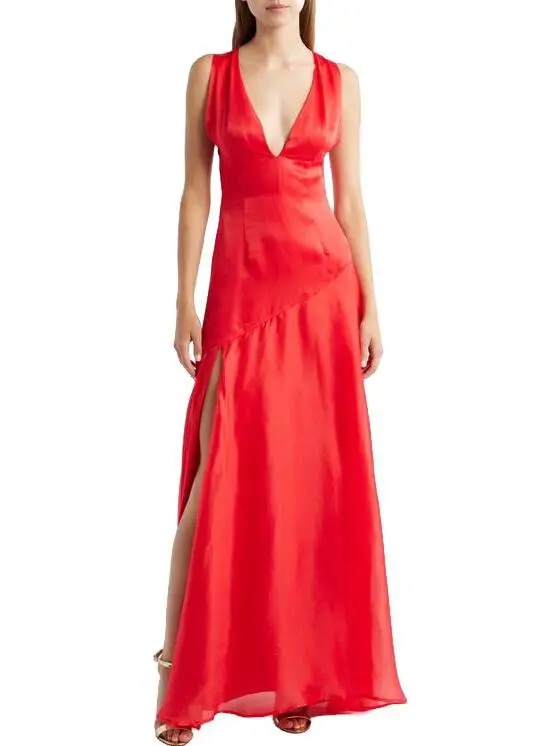 SONYA MODA Alma Plunge Bias Cut Silk Organza Gown - Lola Red
