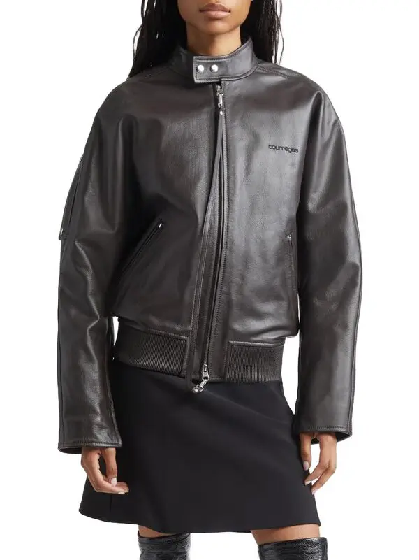 COURREGES Embroidered Leather Bomber Jacket - Dark Brown