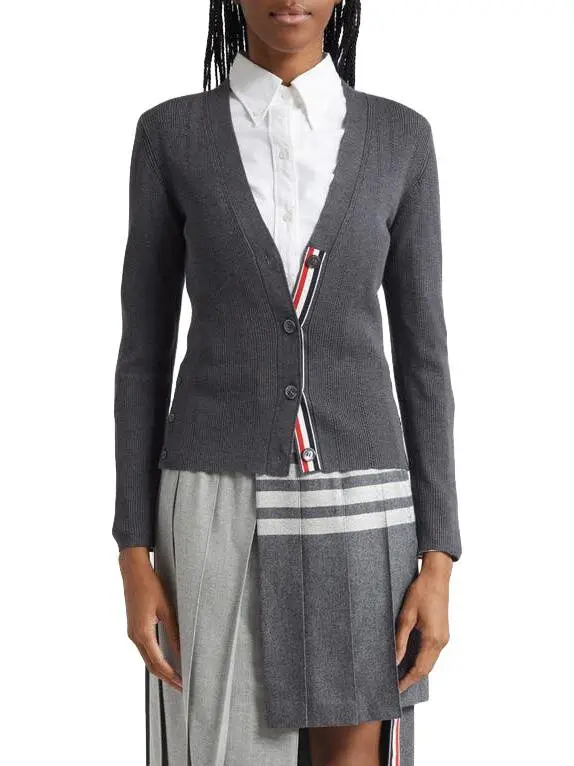 Thom Browne Pointelle Stitch Wool And Silk Cardigan - Medium Grey