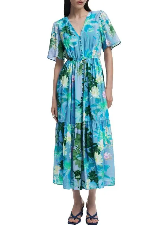 Desigual Floral Print Ruffle Hem Maxi Dress - Water Green