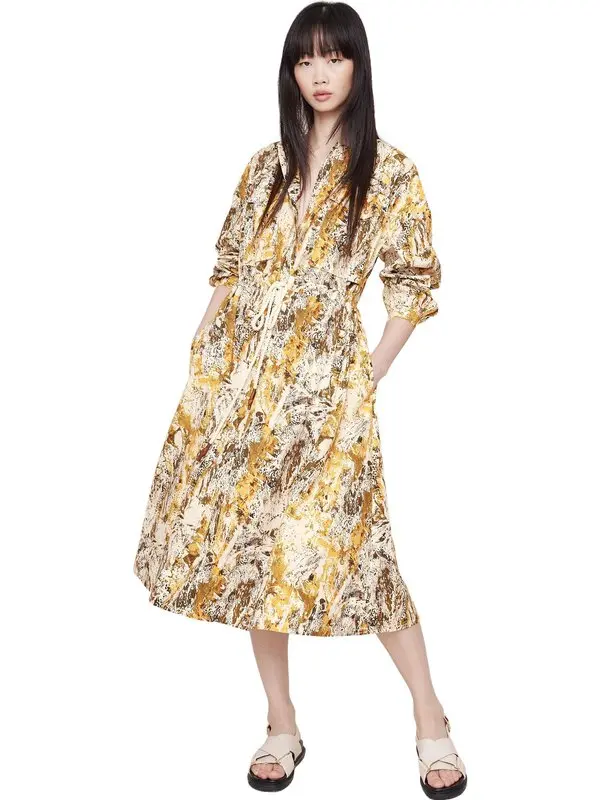 Banana Republic Cotton Poplin Pocket Midi Shirtdress - Yellow Camo Splatter