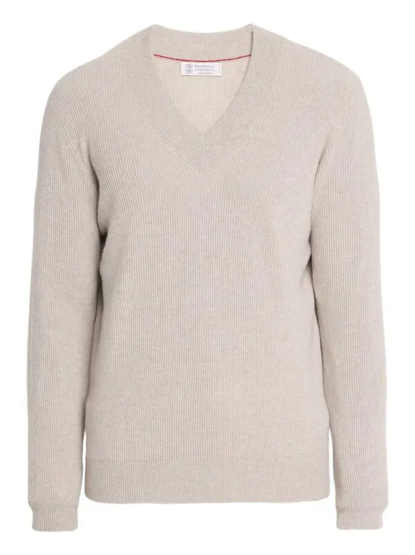 Brunello Cucinelli V-neck Ribbed Cashmere Sweater - Grey